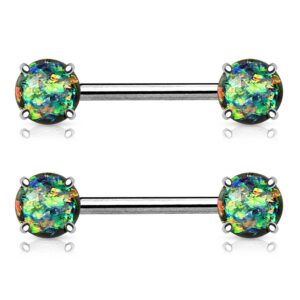 lobal domination pair of prong set synthetic opal glitter nipple rings/shields/barbells - 316l surgical steel (dark green opal)