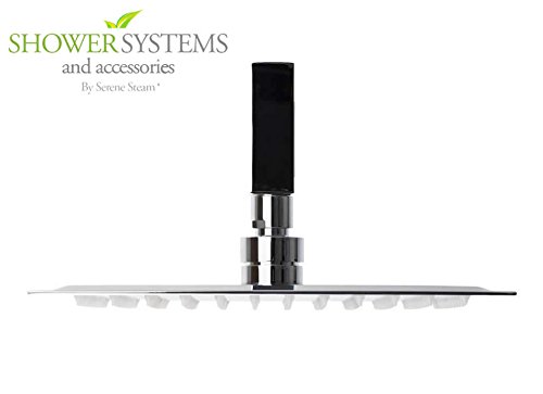 Luxury Ultra-Thin High Pressure 8'' Square Rainfall Shower head Brushed Satin Plus 8 inch Extension Arm Shower System and Accessories by Serene Steam