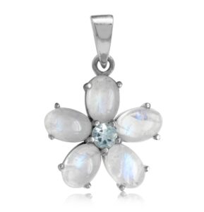 silvershake natural moonstone and blue topaz white gold plated 925 sterling silver flower pendant