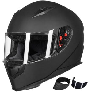 ilm full face motorcycle street bike helmet with removable winter neck scarf + 2 visors dot model-jk313 (l, matte black)