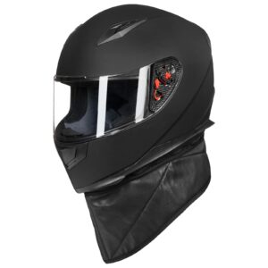 ILM Full Face Motorcycle Street Bike Helmet with Removable Winter Neck Scarf + 2 Visors DOT Model-JK313 (L, Matte Black)