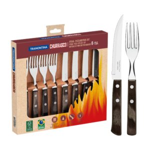 tramontina cutlery set with steak knives, 8 piece sharp knife and fork set with wooden handles, ‎camping, kitchen, rustic, dishwasher safe, 29899296