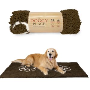 my doggy place microfiber dog mat for muddy paws, 60" x 36" brown with paw print - non-slip, absorbent and quick-drying dog paw cleaning mat, washer and dryer safe - x-large/runner