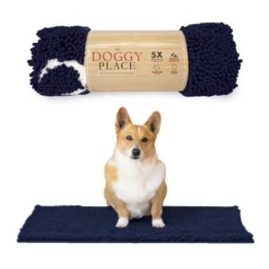 my doggy place microfiber dog mat for muddy paws, 31" x 20" navy blue with paw print - absorbent and quick-drying dog paw cleaning mat, washer and dryer safe - non-slip rubber backed pet mat, medium