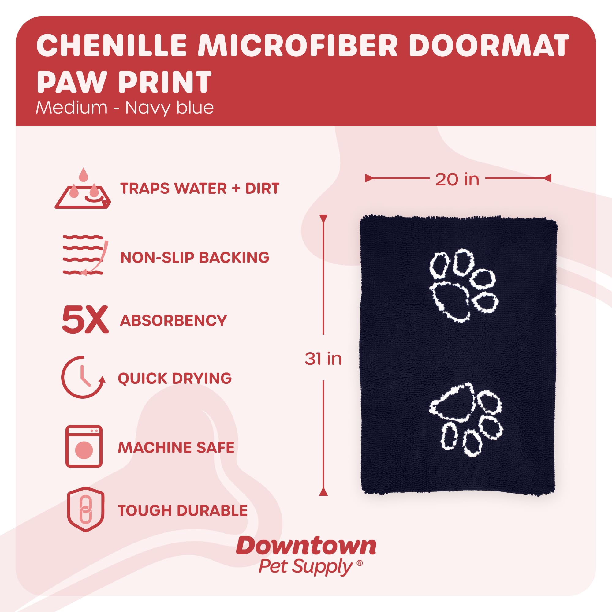 My Doggy Place Microfiber Dog Mat for Muddy Paws, 31" x 20" Navy Blue with Paw Print - Absorbent and Quick-Drying Dog Paw Cleaning Mat, Washer and Dryer Safe - Non-Slip Rubber Backed Pet Mat, Medium