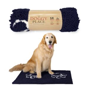 my doggy place microfiber dog mat for muddy paws, 36" x 26" navy blue with paw print - absorbent and quick-drying dog paw cleaning mat, washer and dryer safe - non-slip rubber backed pet mat, large