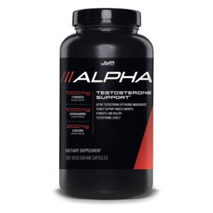 alpha jym testosterone support | male vitality, hormone optimization, ashwagandha, fenugreek, eurycoma, damiana, quercetin, dim | jym supplemental science | 180 vegetarian capsules