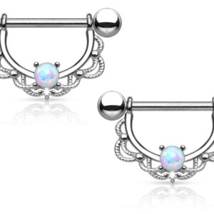 Pierced Owl 14GA Stainless Steel Synthetic Opal Centered Filigree Drop Nipple Rings, Sold as a Pair (Silver Tone)