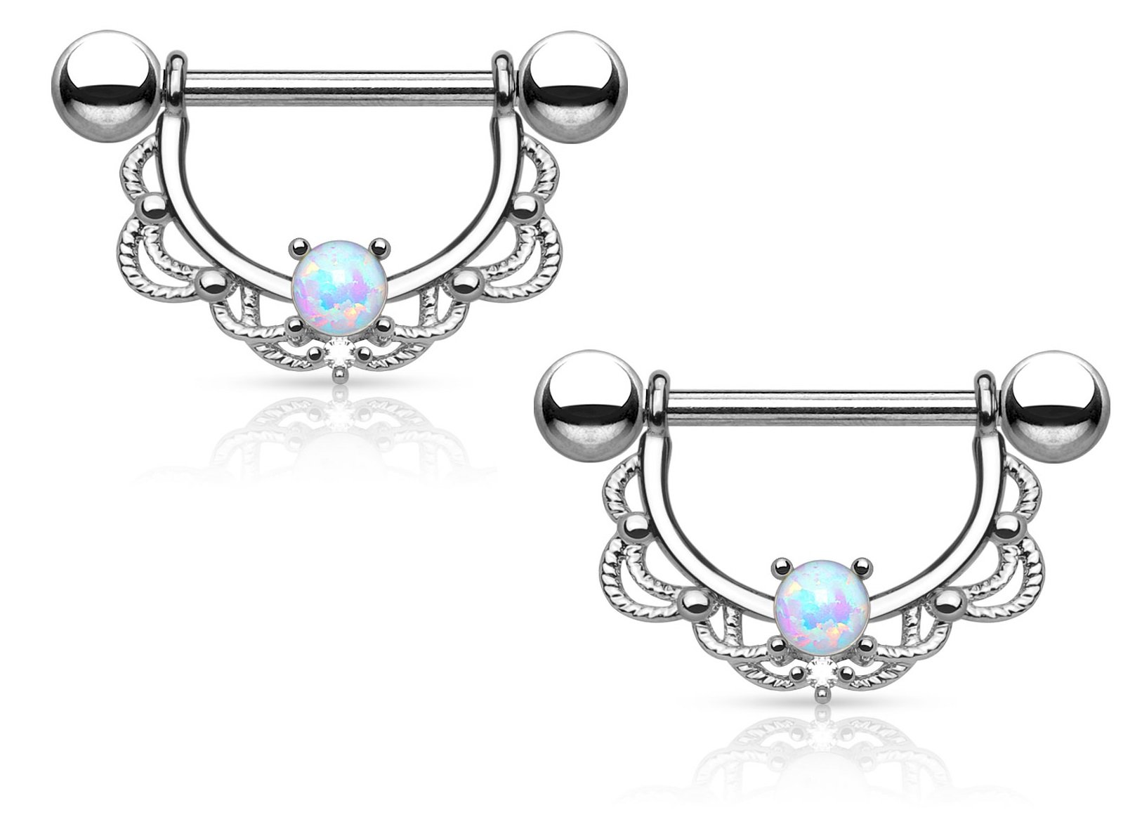 Pierced Owl 14GA Stainless Steel Synthetic Opal Centered Filigree Drop Nipple Rings, Sold as a Pair (Silver Tone)