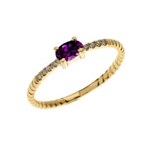 dainty 10k yellow gold diamond and solitaire oval amethyst rope design stackable/proposal ring (size 5.25)