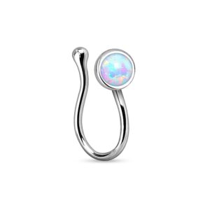 17ga silver tone synthetic opal gem clip on fake non no piercing nose ring (white)