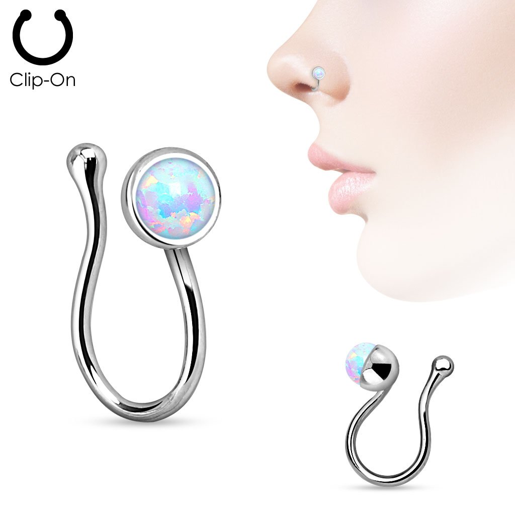 17GA Silver Tone Synthetic Opal Gem Clip On Fake Non No Piercing Nose Ring (White)