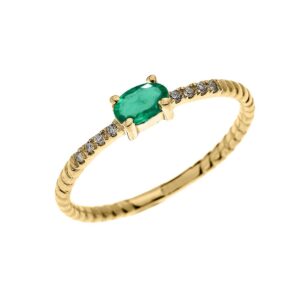 dainty 14k yellow gold diamond and solitaire oval emerald rope design stackable/proposal ring(size 6)