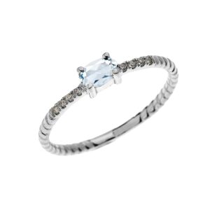 dainty 10k white gold diamond and solitaire oval aquamarine rope design stackable/proposal ring (size 5.25)