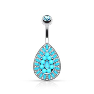 pierced owl 14ga 316l stainless steel vintage style shield gem belly button ring, choose style (turquoise bead)