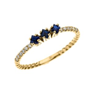 10k yellow gold three stone princess cut sapphire and diamond dainty rope design ring(size 11)