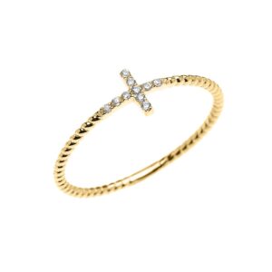 10k yellow gold diamond accented sideways cross rope design statement ring (k-m color) - size 8