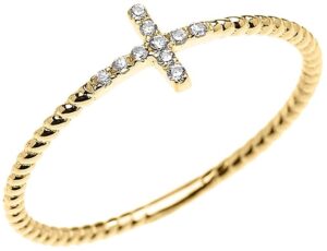 14k yellow gold diamond accented sideways cross rope design statement ring (k-m color) - size 5