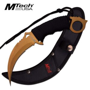 mtech usa – fixed blade knife – gold partially serrated stainless steel karambit blade w/black cord wrapped handle, full tang, black nylon sheath - hunting, camping, survival, edc – mt-20-76gd