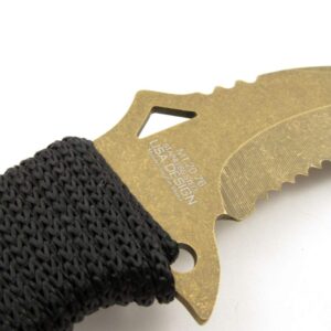 MTECH USA – Fixed Blade Knife – Gold Partially Serrated Stainless Steel Karambit Blade w/Black Cord Wrapped Handle, Full Tang, Black Nylon Sheath - Hunting, Camping, Survival, EDC – MT-20-76GD