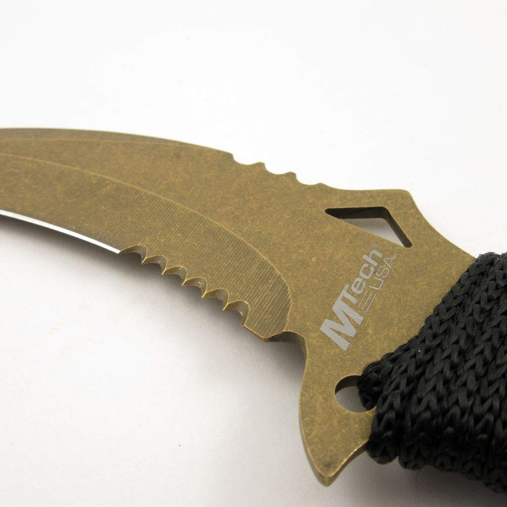 MTECH USA – Fixed Blade Knife – Gold Partially Serrated Stainless Steel Karambit Blade w/Black Cord Wrapped Handle, Full Tang, Black Nylon Sheath - Hunting, Camping, Survival, EDC – MT-20-76GD