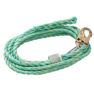 peakworks fall protection vertical lifeline rope with back splice and snap hook , 75 ft. length, green, v84014075