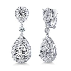 selovo cubic zirconia wedding bridal clip on teardrop drop earrings for women silver tone