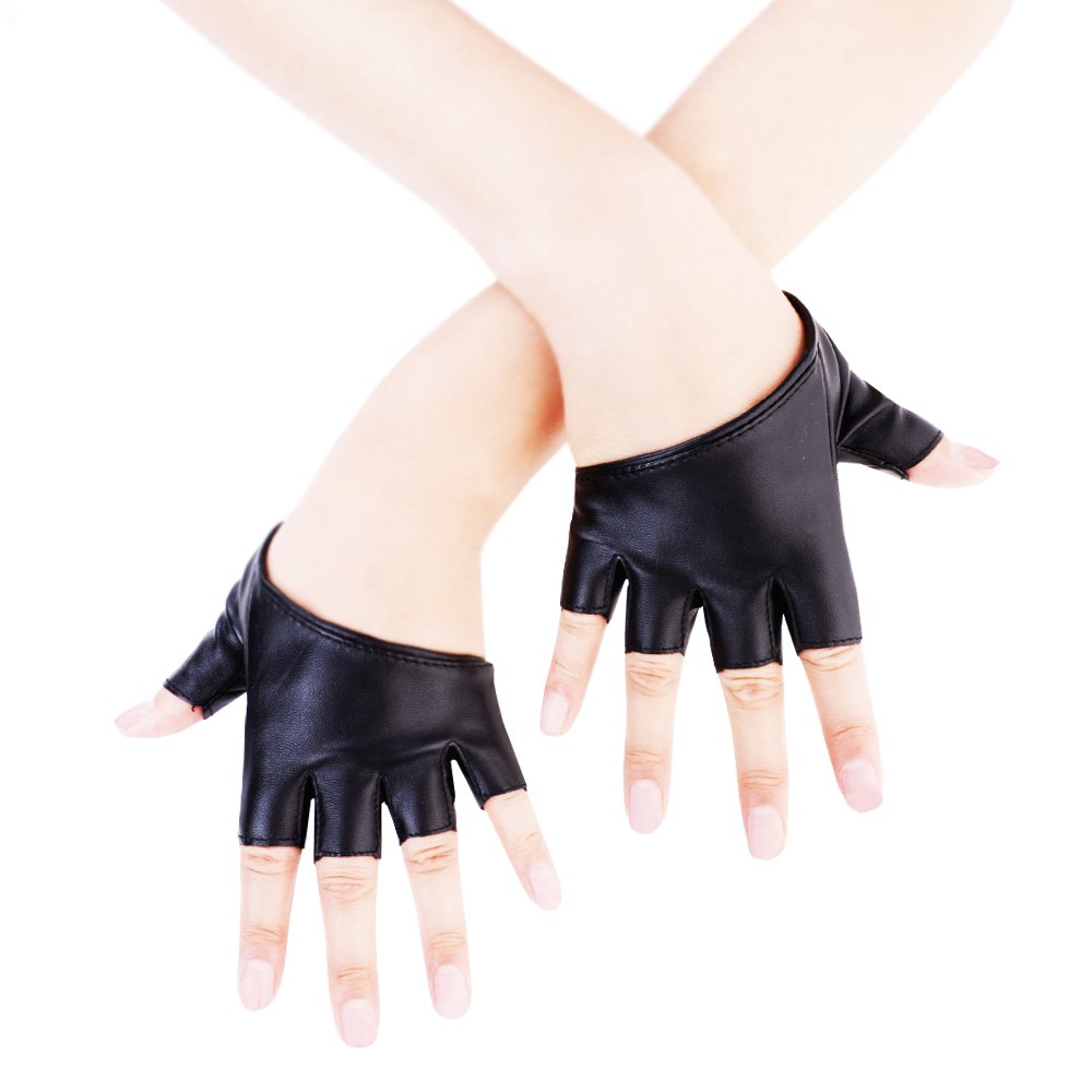 JISEN Women Half Palm Half Finger PU Leather Dancing Punk Gloves Black