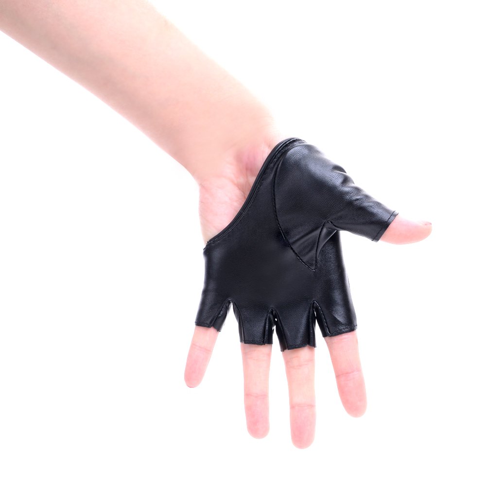 JISEN Women Half Palm Half Finger PU Leather Dancing Punk Gloves Black