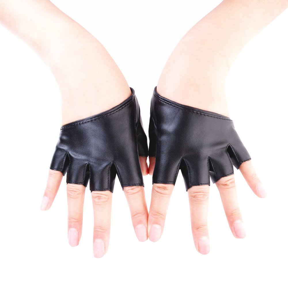 JISEN Women Half Palm Half Finger PU Leather Dancing Punk Gloves Black