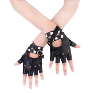 jisen women punk belt up half finger pu leather performance gloves black