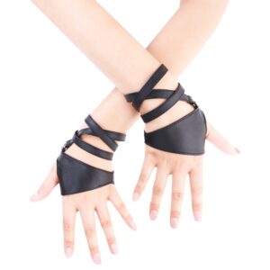 jisen women half palm fingerless pu leather night bar band up punk gloves black