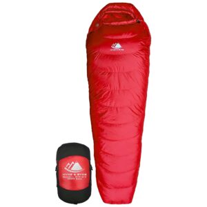 hyke & byke quandary 15°f cold weather mummy hiking & backpacking sleeping bag - duck down 650 fp 3 season sleeping bags for adults - ultralight with compression stuff sack (red, regular)