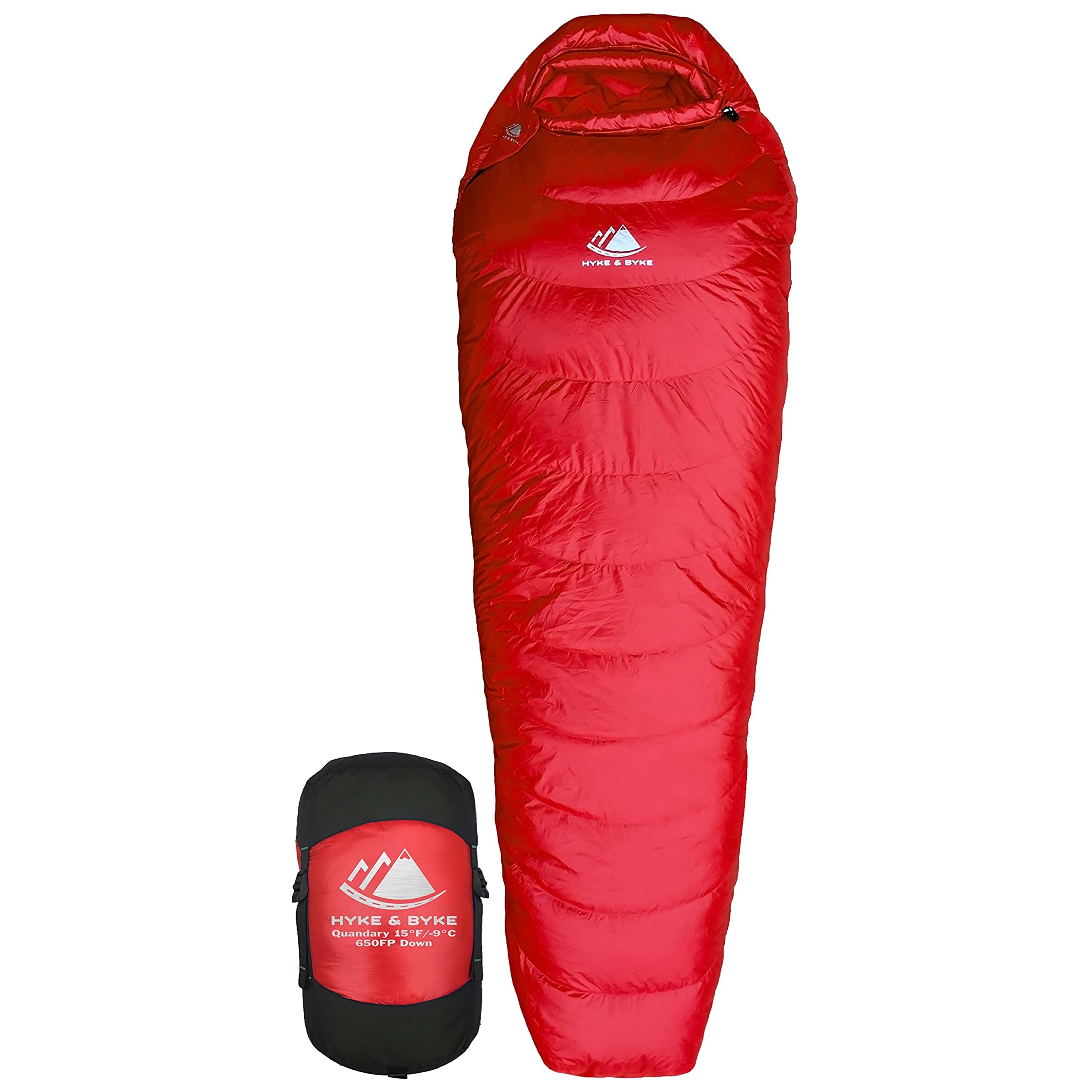 Hyke & Byke Quandary 15°F Cold Weather Mummy Hiking & Backpacking Sleeping Bag - Duck Down 650 FP 3 Season Sleeping Bags for Adults - Ultralight with Compression Stuff Sack (Red, Regular)