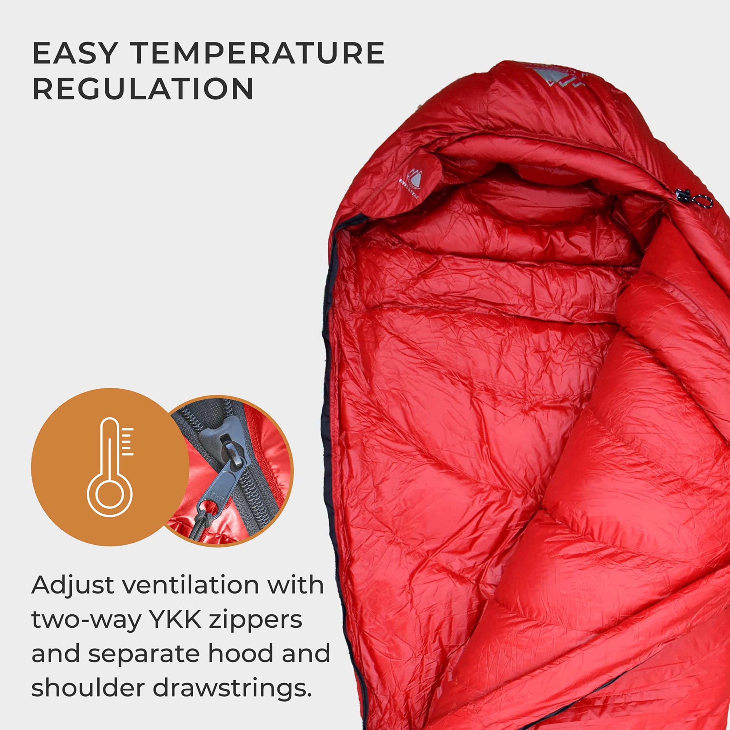 Hyke & Byke Quandary 15°F Cold Weather Mummy Hiking & Backpacking Sleeping Bag - Duck Down 650 FP 3 Season Sleeping Bags for Adults - Ultralight with Compression Stuff Sack (Red, Regular)