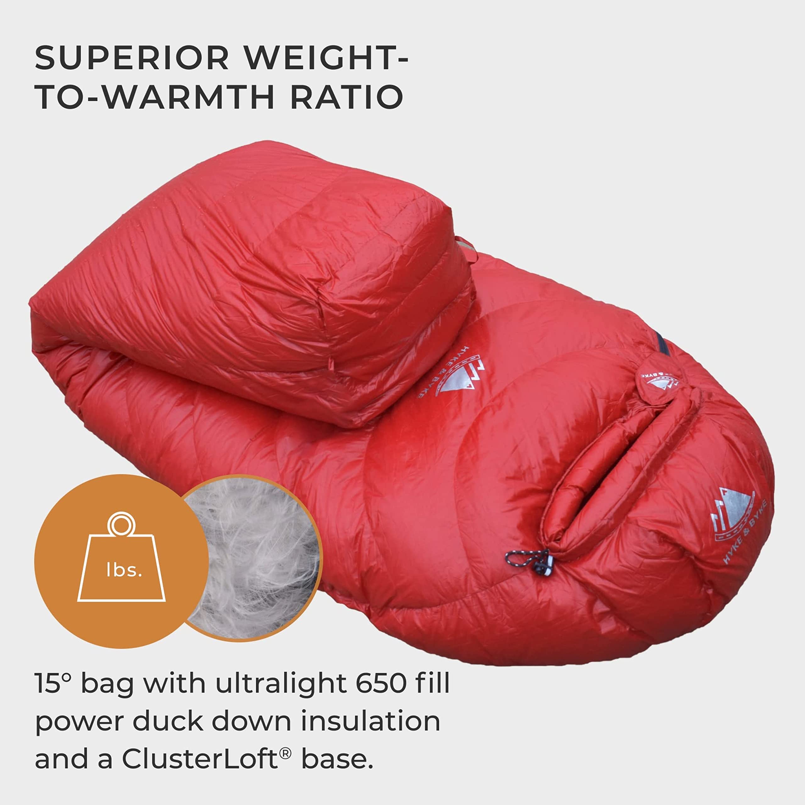 Hyke & Byke Quandary 15°F Cold Weather Mummy Hiking & Backpacking Sleeping Bag - Duck Down 650 FP 3 Season Sleeping Bags for Adults - Ultralight with Compression Stuff Sack (Red, Regular)