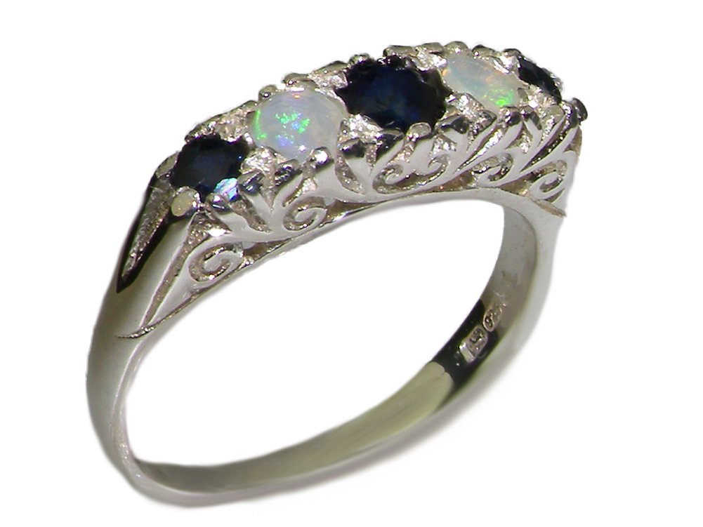 925 Sterling Silver Natural Sapphire and Opal Womens Anniversary Ring - Size 7.25