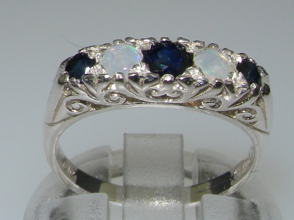 925 Sterling Silver Natural Sapphire and Opal Womens Anniversary Ring - Size 7.25