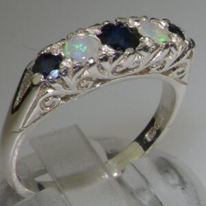 925 Sterling Silver Natural Sapphire and Opal Womens Anniversary Ring - Size 7.25