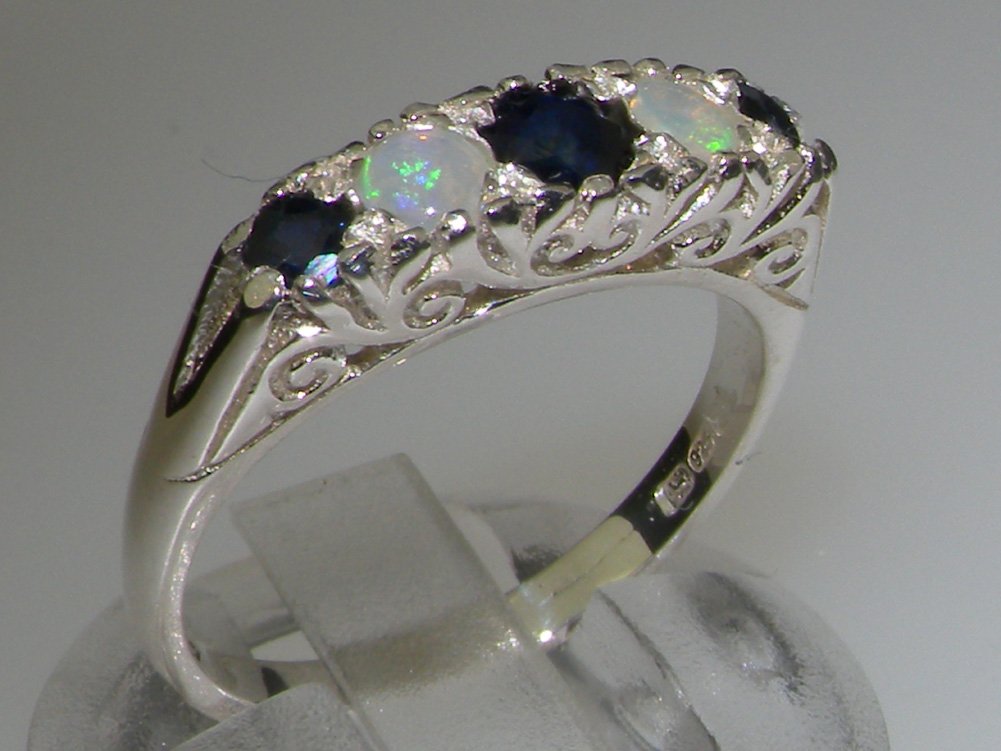 925 Sterling Silver Natural Sapphire and Opal Womens Anniversary Ring - Size 7.25