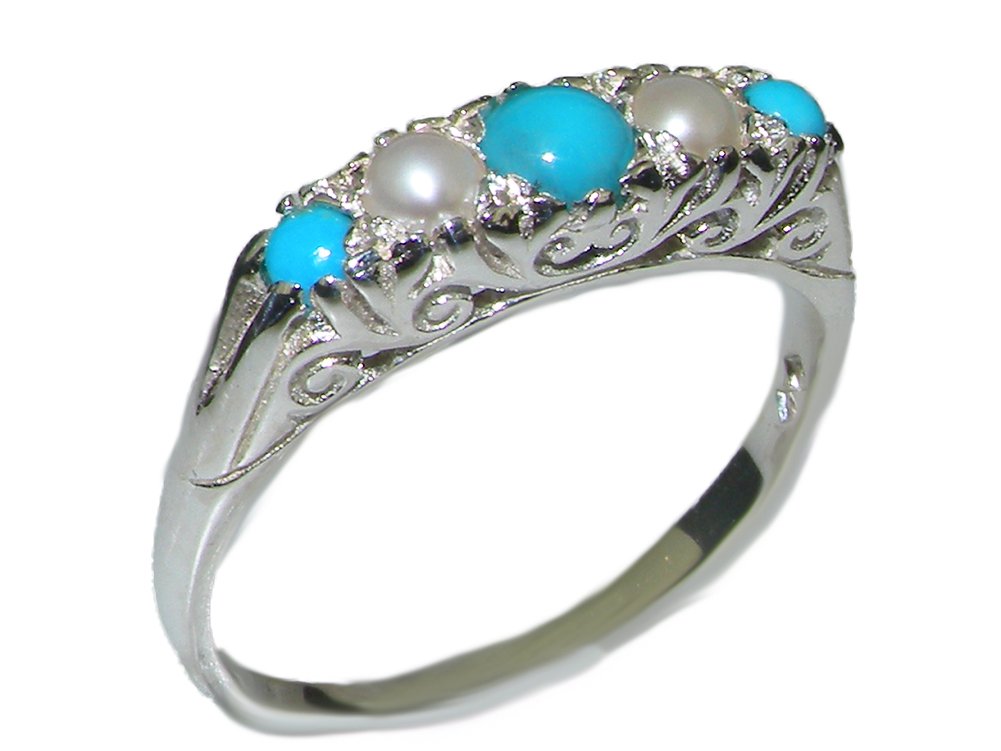 925 Sterling Silver Natural Turquoise and Cultured Pearl Womens Band Ring - Size 7.75