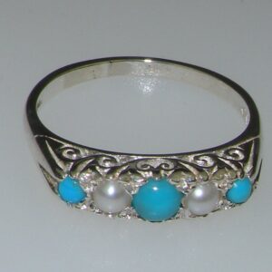 925 Sterling Silver Natural Turquoise and Cultured Pearl Womens Band Ring - Size 7.75