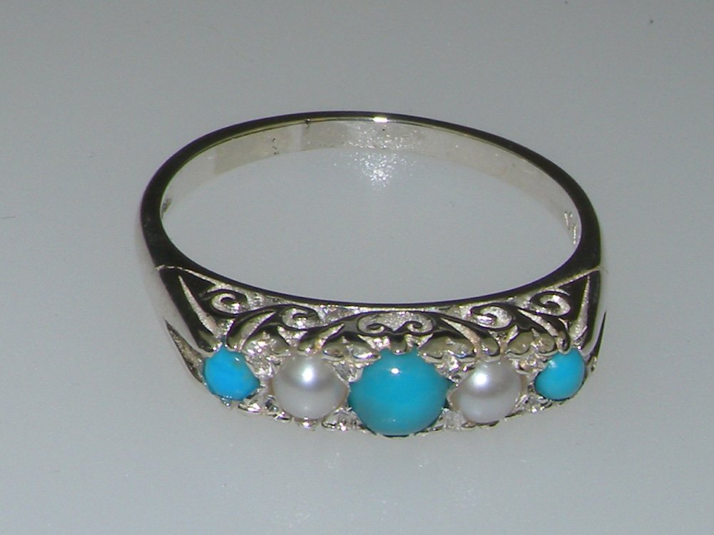 925 Sterling Silver Natural Turquoise and Cultured Pearl Womens Band Ring - Size 7.75