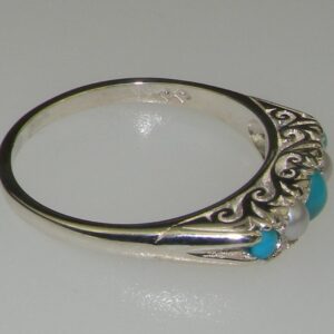 925 Sterling Silver Natural Turquoise and Cultured Pearl Womens Band Ring - Size 7.75