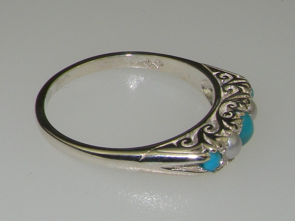 925 Sterling Silver Natural Turquoise and Cultured Pearl Womens Band Ring - Size 7.75