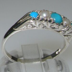 925 Sterling Silver Natural Turquoise and Cultured Pearl Womens Band Ring - Size 7.75