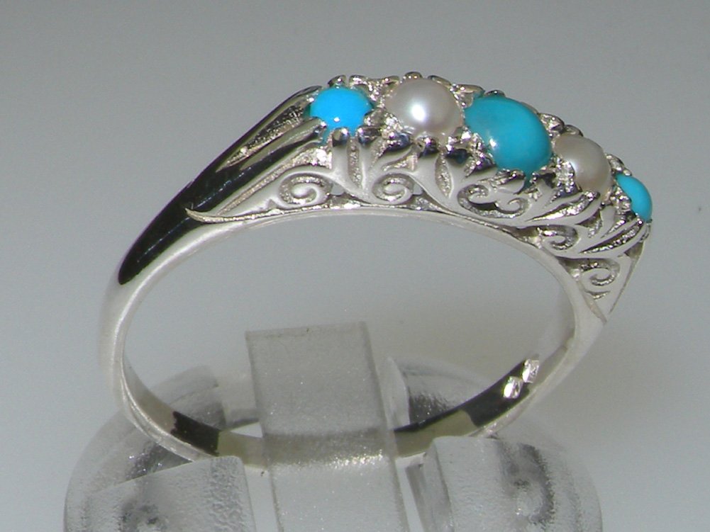 925 Sterling Silver Natural Turquoise and Cultured Pearl Womens Band Ring - Size 7.75