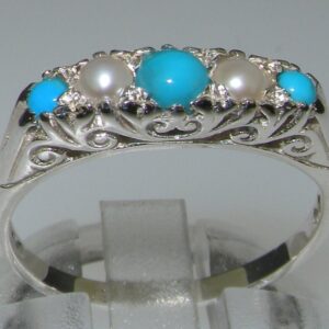 925 Sterling Silver Natural Turquoise and Cultured Pearl Womens Band Ring - Size 7.75