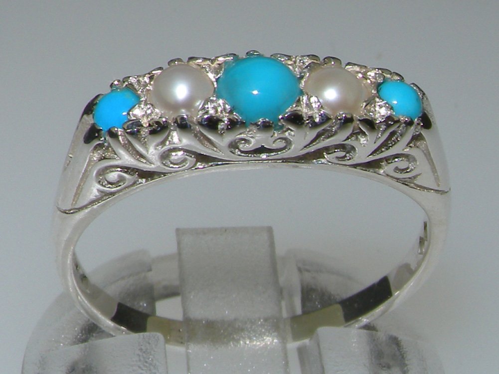 925 Sterling Silver Natural Turquoise and Cultured Pearl Womens Band Ring - Size 7.75