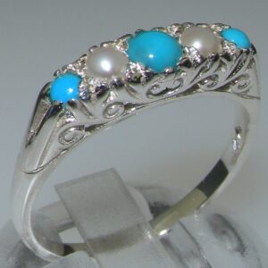 925 Sterling Silver Natural Turquoise and Cultured Pearl Womens Band Ring - Size 7.75